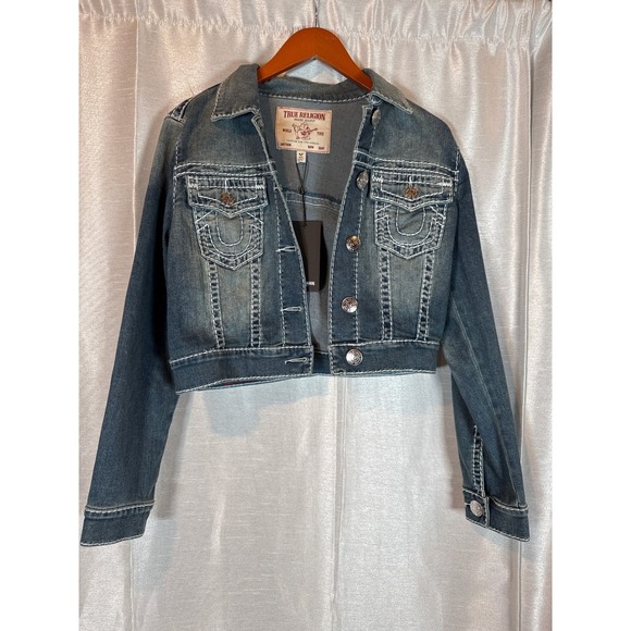 True Religion Valmonte Shrunken Denim Jacket Women's M Distressed White ...